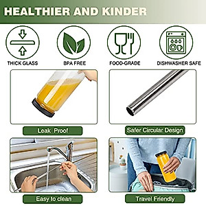 TOMNK 16 Pack 16oz Glass Juice Bottles with Lids and Straws Travel Drinking Glass Bottles with Caps Reusable Juice Jars Smoothie Cups for Tea, Kombucha, Boba Milk, Fruit Drinks, Beverage