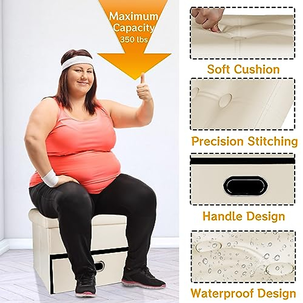 VewePata Folding Storage Ottoman with Drawers, 17 inch, Beige, Leather