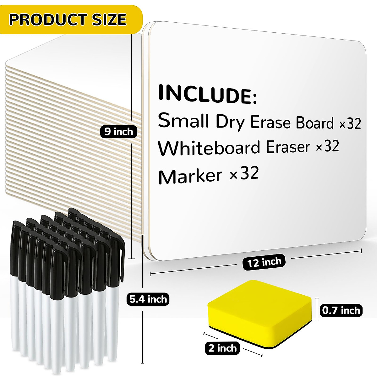 Small Dry Erase Boards, Classroom White Boards for Kids 9" x12”, Personal Mini Whiteboards for Home School Teaching Supplies, School Supplies Lapboards, 32 Whiteboard Erasers & 32 Markers Included