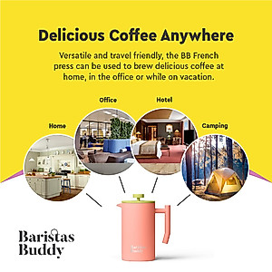 BaristasBuddy Cute Pink French Press Coffee Maker - Colorful, Retro And Stylish Insulated Coffee Brewer - Large Size Brews 4 Cups