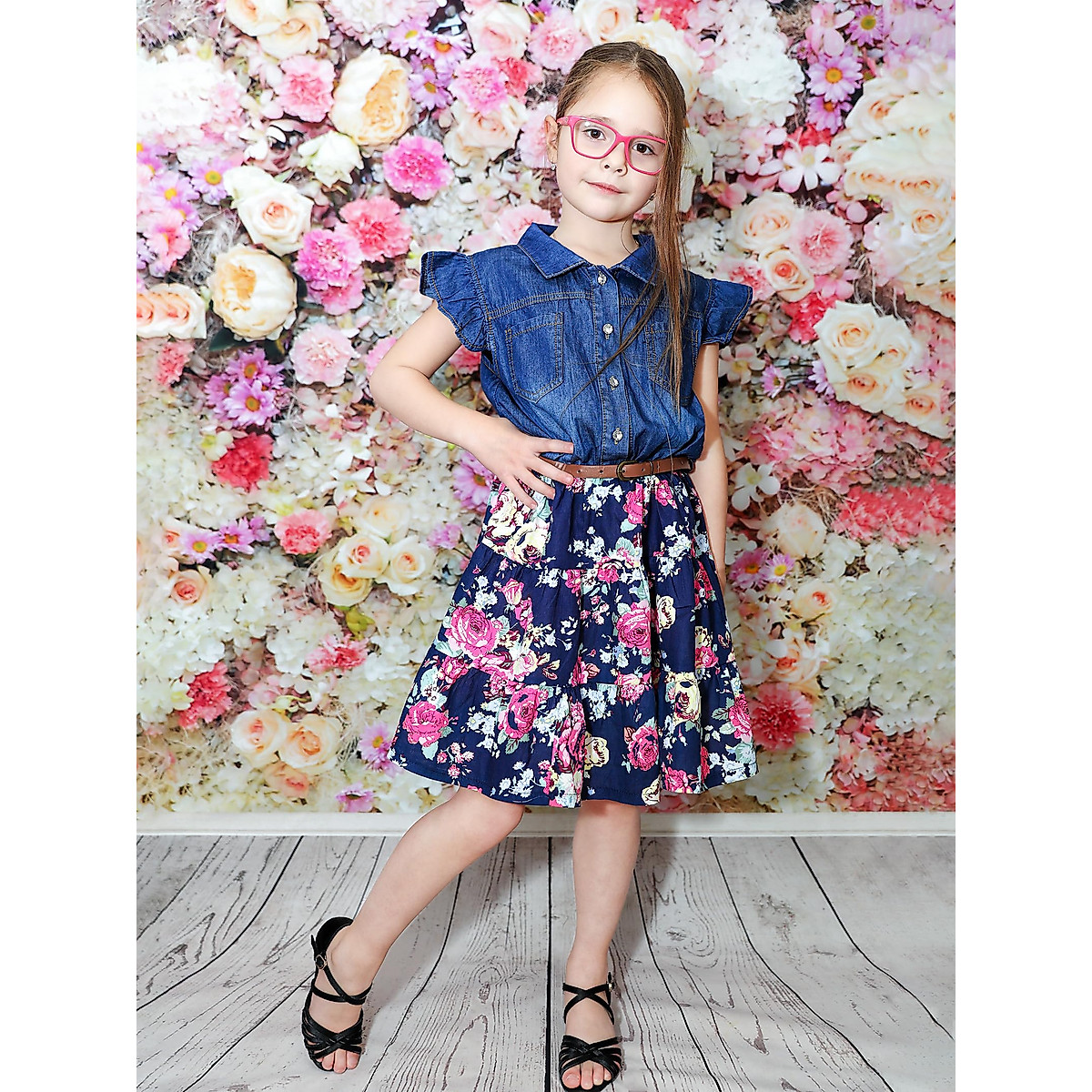 YJ.GWL Western Dress Girl, Denim Tops Flower Girl Dress, Princess Dresses for Girls, Girls Summer Dress Casual Outfits, Party Dresses Fashion Clothes for Girl 7-8 Years