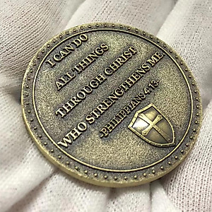 The Task Ahead Christian Challenge Coin Featuring A Fully Armored Warrior and Scripture John 4:4, Bible Verses Pocket Token (Single Coin)