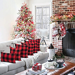 4TH Emotion Set of 2 Christmas Buffalo Check Plaid Throw Pillow Covers Cushion Case Polyester for Farmhouse Home Decor Red and Black, 18 x 18 Inches