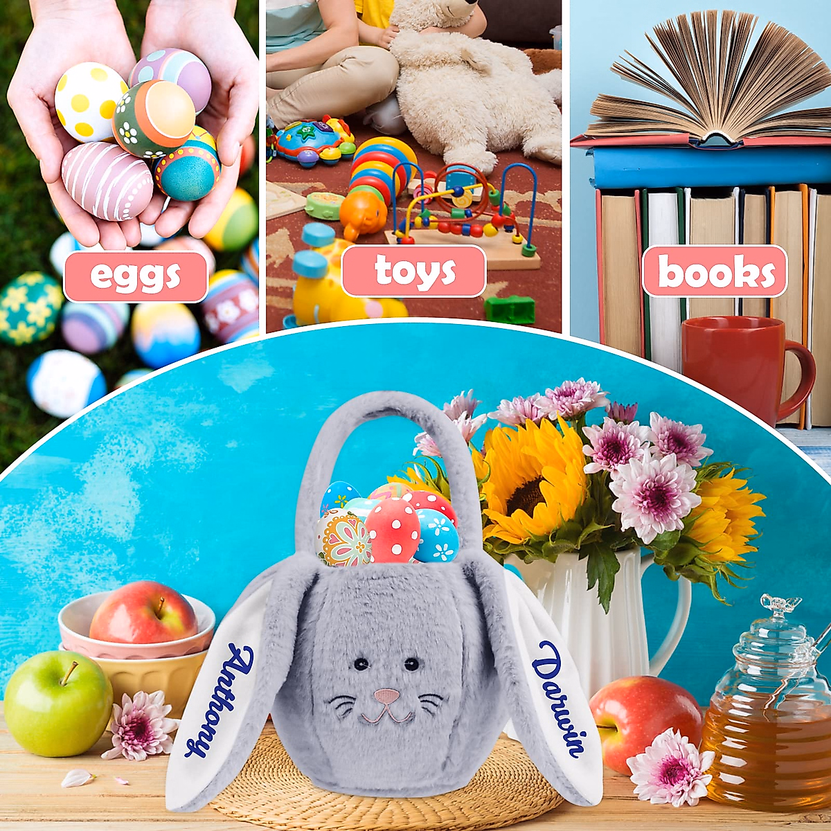 Personalized Buny Easter Basket with Name Custom Plush Easter Baskets for Kids Brown