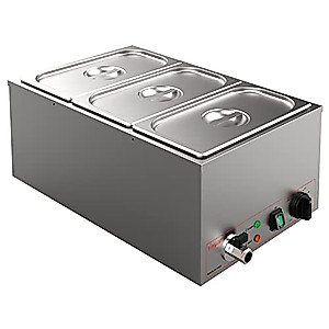 Valgus Commercial Grade Stainless Steel 3 Sections 17 Qt Bain Marie Food Warmers Electric Countertop Steamer with Lid and Tap for Parties, Banquet and Catering Events