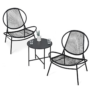 Athena Collection 3-Piece Patio Conversation Set, All-Weather Rattan Acapulco Chair and Round Table Set Bistro Set Indoor Outdoor Seating Furniture Set for Balcony, Pool, Garden, Backyard, Black
