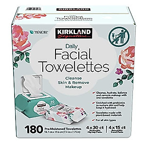 Kirkland Daily Facial Towelettes, 180 CT | 180 Pre-Moistened Towelettes | Hypoallergenic | Alcohol-Free | 4 x 30ct Reclosable Flip-top Packs | 4 x 15ct Resealable Travel Packs