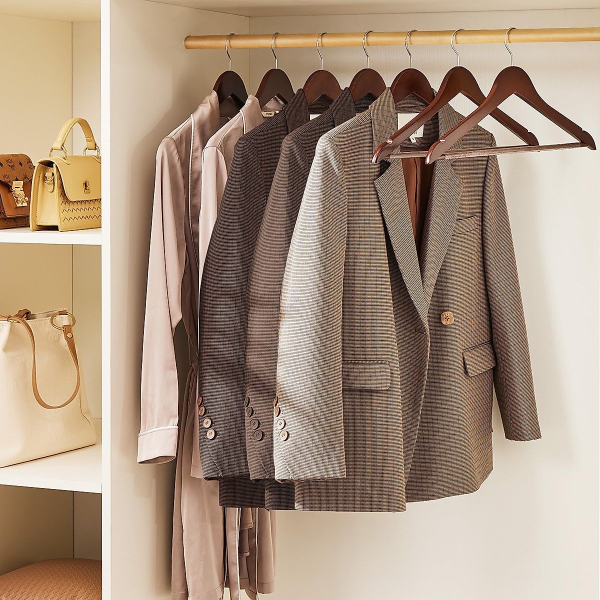 TECHMILLY Solid Natural Wooden Coat Hangers, 10 Pack Heavy Duty Smooth Finish Suit Hangers with Non-Slip Pant Bar, Precisely Cut Notches & Chrome Swivel Hook for Closet, Wardrobe