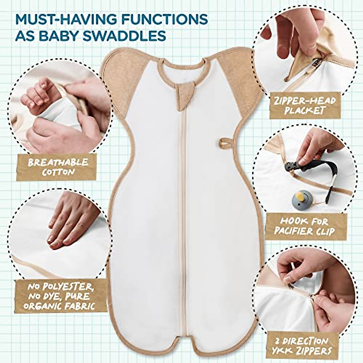 CCOCCOZAM Swaddle, Organic, Air mesh, White, Medium, 3-6 momths, 13-19 lbs, Transition Baby Sleep Sack Allow Your Baby to Sleep in a Preferred up-arm Position, Designed for Free Hand Movement