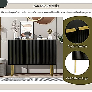 Modern Simple Sideboard with Particle Board and MDF Board, Adjustable Shelves Luxury Style Cabinet with Gold Metal Legs and Handles for Hallway (Black)