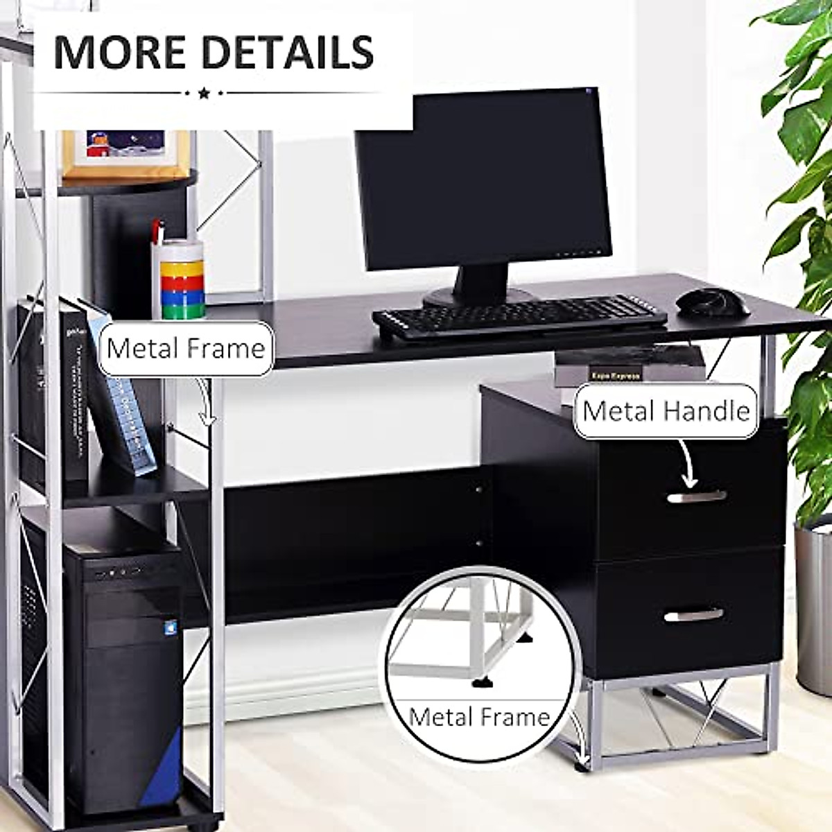 HOMCOM 52" Modern Computer Desk with Storage Shelves and Drawers, Home Office Desk, Study Workstation with CPU Stand, Black