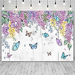 ABLIN 7x5ft Spring Butterfly Photography Backdrop for Birthday Baby Shower Party Decorations Purple Flowers Wood Background Wedding Photo Backdrop Shoot Props (CQ236)