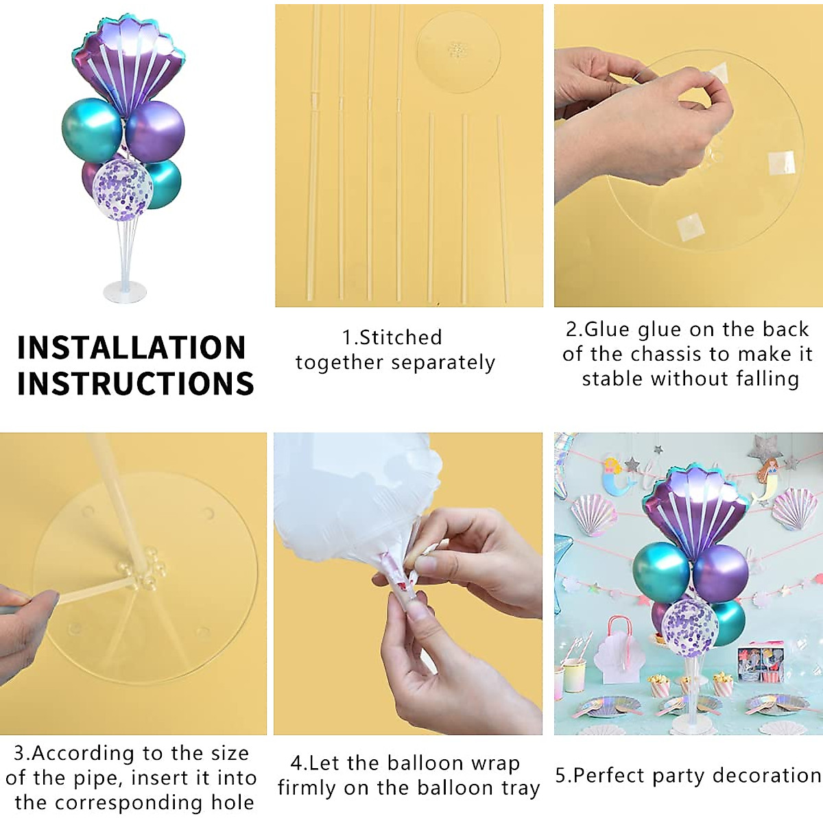 Mermaid Table Centerpiece Balloons Stand Kit 2 Sets with 2 Sea Shells Foil Balloons 14 Purple Blue Latex Balloons for Birthday Beach Mermaid Theme Sea Theme Party Mermaid Birthday Decorations