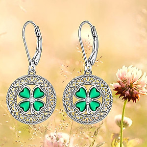 Shamrock Earrings St Patricks Day Earrings for Women Celtic Knot Irish Leverback Drop Sterling Silver Four Leaf Clover Earrings Green Jewelry