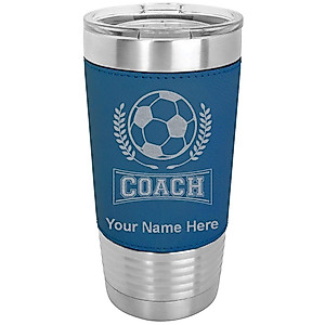 LaserGram 20oz Vacuum Insulated Tumbler Mug, Soccer Coach, Personalized Engraving Included (Faux Leather, Blue)