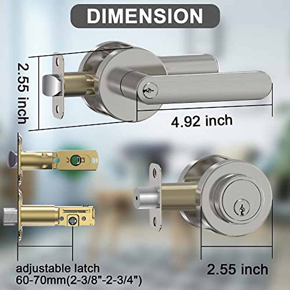 BAOLONG Entry Door Knob and Single Cylinder Deadbolt Lock Comboset,Brushed Nickel Round Locking Lever Handle Set Reversible for Right or Left Door