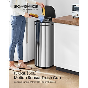 SONGMICS Motion Sensor Trash Can, 13 Gallon Automatic Kitchen Garbage Can, Multi-Colored Indicator Lights, Ozone Odor Control, Stay-Open Lid, Tall, Stainless Steel, Silver ULTB620E50V1