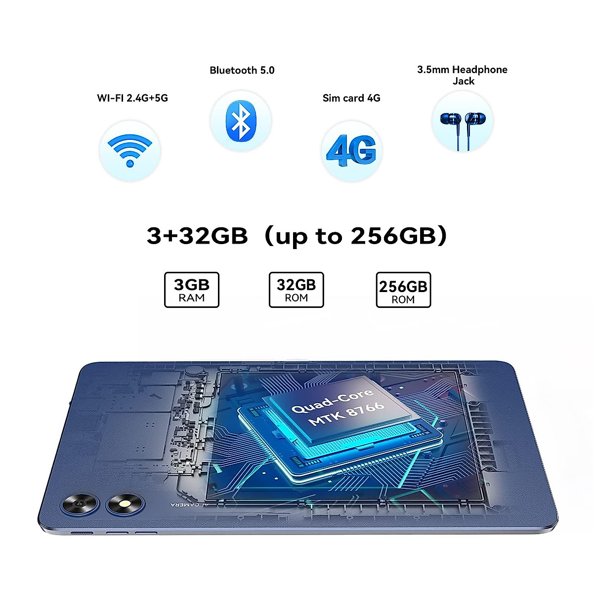 UMIDIGI G3 Tab Android 13 Tablet 2024 with Sim Card Slot, 3GB+32GB 256GB Expand, 2.4/5GHz WiFi, 10.1 inch Tablet with 4* A53-Cortex of 2.0 GHz, 6000mAh, BT, 1280 * 800 Touch Screen, Al Face Unlock