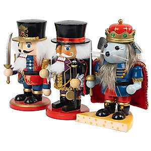 FUNPENY 3 Set Christmas Nutcrackers Figures, 7 Inch Handmade Wooden Mouse King Soldier and Pirate Traditional Nutcracker Decorations for Fall Festive Christmas Desktop Collectible Decor