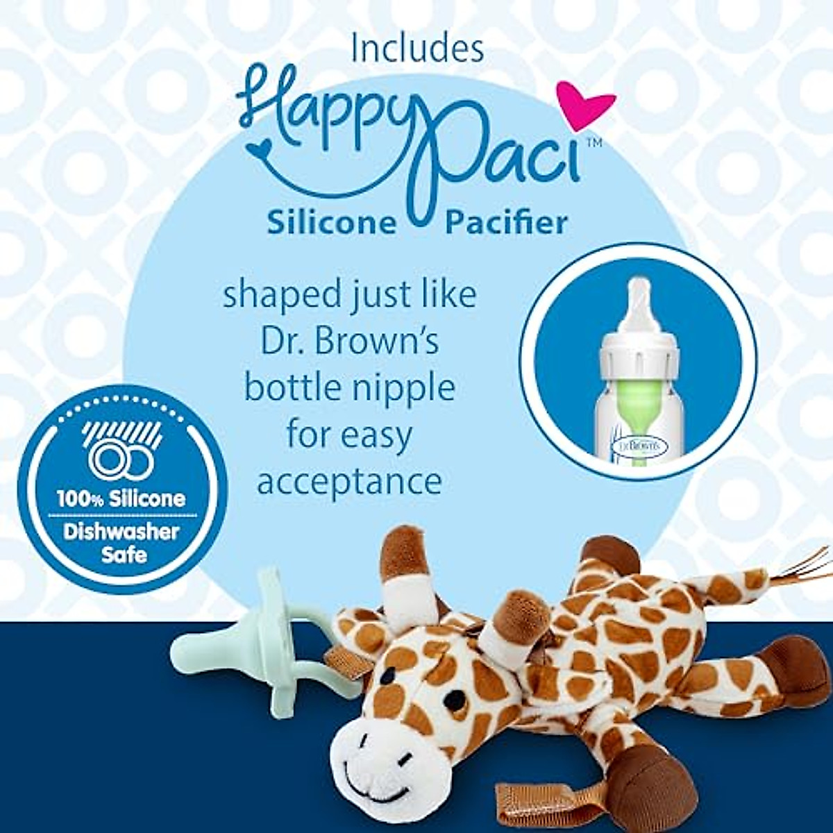 Dr. Brown's Lovey Pacifier and Teether Holder, 0 Months Plus, Giraffe with Green Pacifier