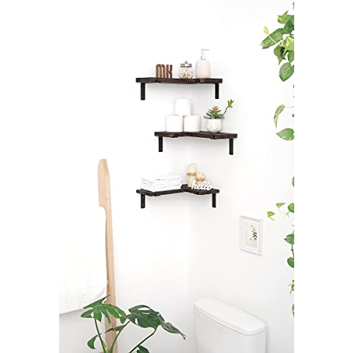 Mkono Rustic Wood Floating Shelves 5 Pieces Wall Mounted Decoractive Shelf and Corner Shelves for Bedroom, Living Room, Bathroom, Kitchen, Hallway, Office