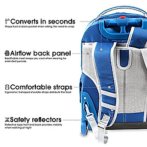 J World New York Sunrise Kids Rolling Backpack for Girls Boys Teen. Roller Bookbag with Wheels, Indigo, 18"