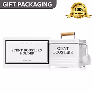 Calindiana Modern Farmhouse Metal Laundry Scent Booster Beads Dispenser Container with Scoop for Laundry Room Decor and Accessories and Space Saving Laundry Room Organization and Storage, White