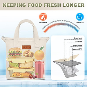 KUBYA Lunch Box for Women, Lunch Bag for Women Men Adult Simple Reusable Lunchbox Insulated Lunchbag Large Capacity Lunch Boxes Cute Cooler, with Food Storage Bags for Work, Office or Picnic (Beige)