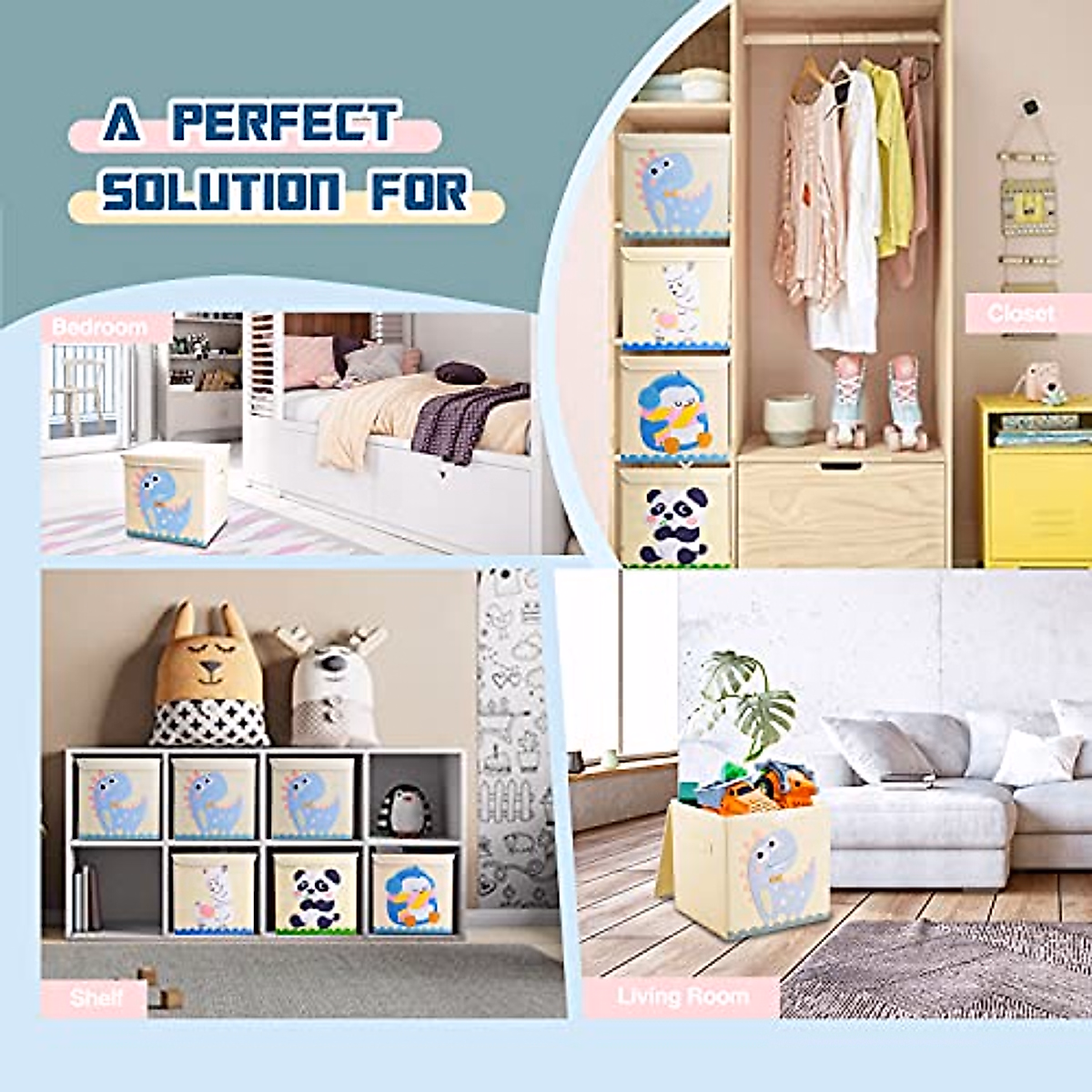 CLOVERCAT Fabric Foldable Collapsible Storage Cube Bin Organizer Basket with Lid, Handles For Home, Office, Nursery, Closet (Alpaca)