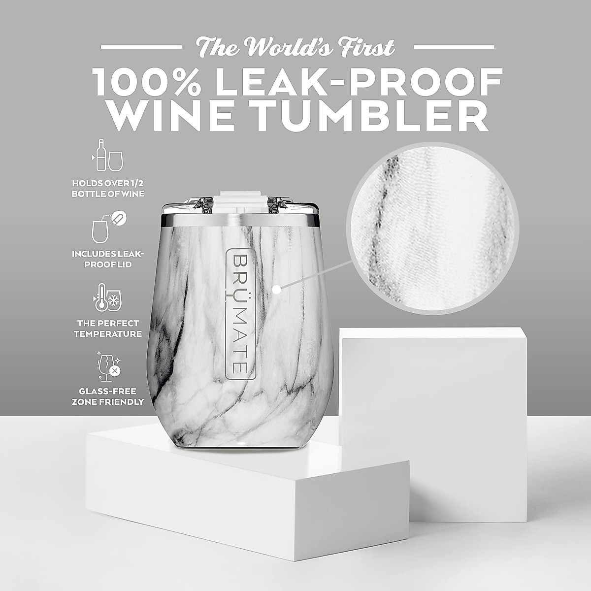 BrüMate Uncork'd XL MÜV - 100% Leak-Proof 14oz Insulated Wine Tumbler with Lid - Vacuum Insulated Stainless Steel Wine Glass - Perfect For Travel & Outdoors (Carrara)
