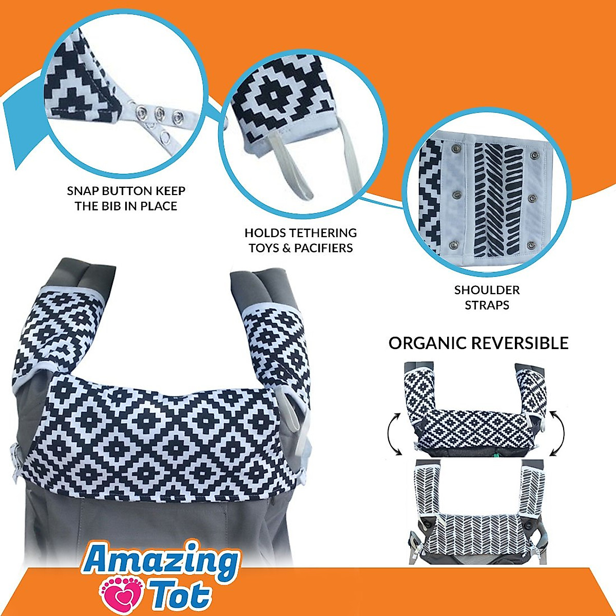 Drool & Teething Pad | Fits All Carriers | Reversible Organic Cotton 3-Piece Set - Ideal for Infant Toddler Girls & Boys [Patent Pending]