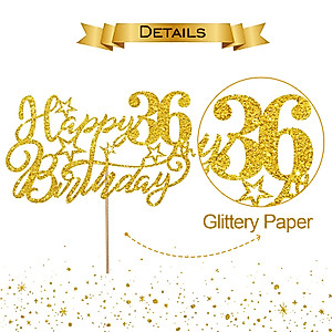 Happy 36th Birthday Cake Topper, 36th Anniversary Party Supplies, 36 Years Old Birthday Party Decoration - Gold Glitter