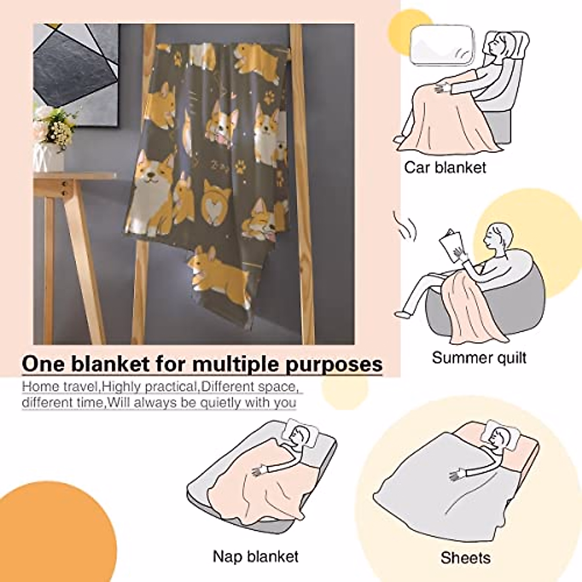 kjufbmsv Cute Corgi Throw Blanket Corgi Gifts for Corgi Lovers Blanket Lightweight Flannel Blankets for Couch Bed Living Room Adults Kids Teens Gift All Season 50"X40"