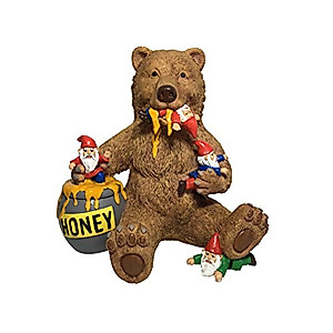 GlitZGlam Miniature Bear and Gnomes with Honey - A Garden Gnome Statue for Your Fairy Garden
