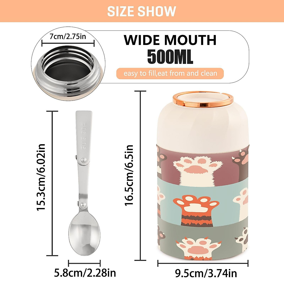CUPADA Cute Cats Paws Food Jar for Hot and Cold, Funny Insulated Food Jars Vacuum 17OZ with Folding Spoon for Work Trip Picnic Camping