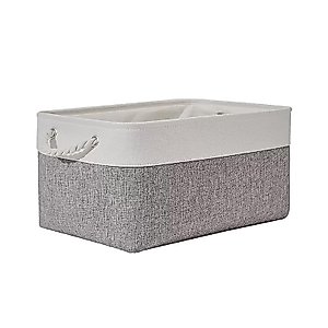 OMNUOKE Fabric Storage Baskets, Linen Closet Baskets,Closet Organizer Bins with Cotton Rope Handles,Storage Bins for Shelves,Nursery,Toys,Clothes (Gray/Off White, Large-1pc/14.1L×10.2W×7.1H )