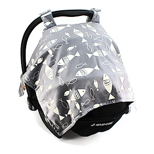 Dear Baby Gear Deluxe Reversible Car Seat Canopy, Custom Minky Print, Fish on Grey/Grey Tan Plaid