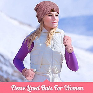 Jeere 4 Pieces Winter Glove and Hat Set Winter Hat Touchscreen Gloves Warm Knitted Beanie Hats and Gloves for Women (Pink, White)