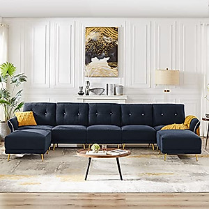 Pingliang Home Modular Sectional Sofa, 5 Seat U Shaped Sectional Couch with 2 Ottoman, Modern Comfy Sherpa Fabric Sofa Couches for Living Room, Blue