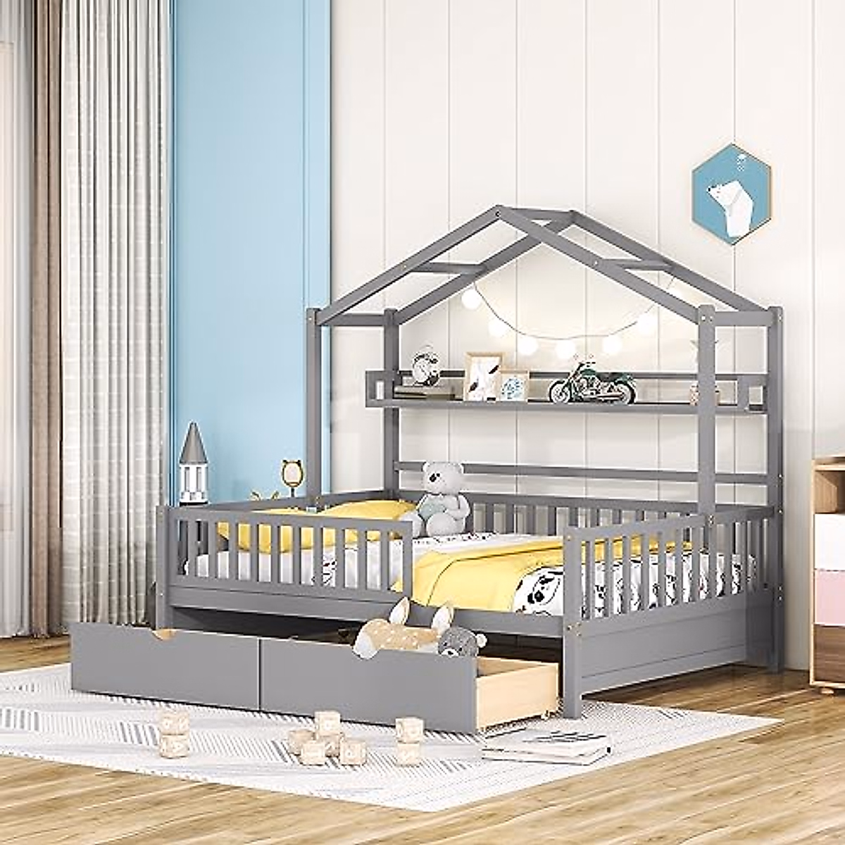 WADRI Full Size House Bed with 2 Drawers and Shelf, Wood House Bed Frame with Roof Design and Safety Guardrail, Montessori Bed for Girls Boys Bedroom, Can be Decorated (Gray + Wood-A32)