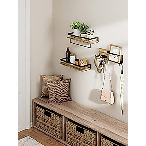 AMADA HOMEFURNISHING Floating Shelves,Rustic Bathroom Shelves with Sturdy Hooks and Towel Bar, Paulownia Wood Wall Shelves for Bathroom, Bedroom, Living Room, Kitchen, Entryway, Set of 3, AMFS01-1