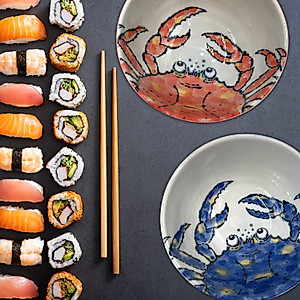 Needzo Authentic Japanese Rice Bowl Set with Chopsticks, Ceramic Bowls with Pastel Red and Blue Kani Crab Design, Made in Japan, Set of 4, 5.25 Inches