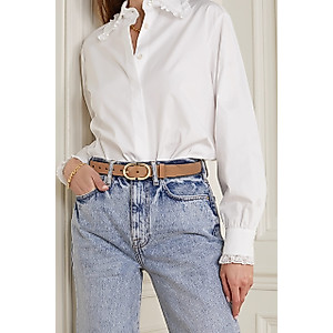 CR Womens Brown Leather Belts for Jeans Pants - 1.3" Width Casual Ladies Tan Belt - Fashion Center Bar Gold Buckle