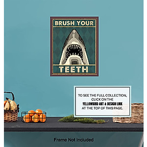 Boys Bathroom Wall Art & Decor - Brush Your Teeth Kids Bathroom Decor - Beach Bathroom Decor - Funny Shark Bathroom Decor - Bath Wall Decor - Unique Restroom Sign - Bathroom Pictures Poster Prints