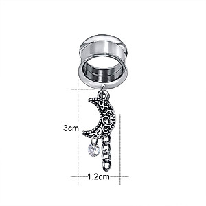 ZS Vintage Moon Dangle Ear Tunnels Plug Stainless Steel Screw Ear Gauge Feather Chain Ear Expander Flesh Tunnels Piercing (Moon,4g(5mm))
