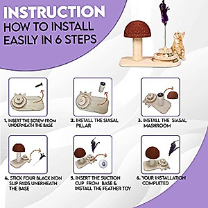 Paw Paw Babe 3 in 1 Cat Scratch Post - Wooden Base, Mushroom Sisal Post, Feather Stick - Cats Interactive Track Ball Toy - Cat Scratcher Toys for Indoor Fun