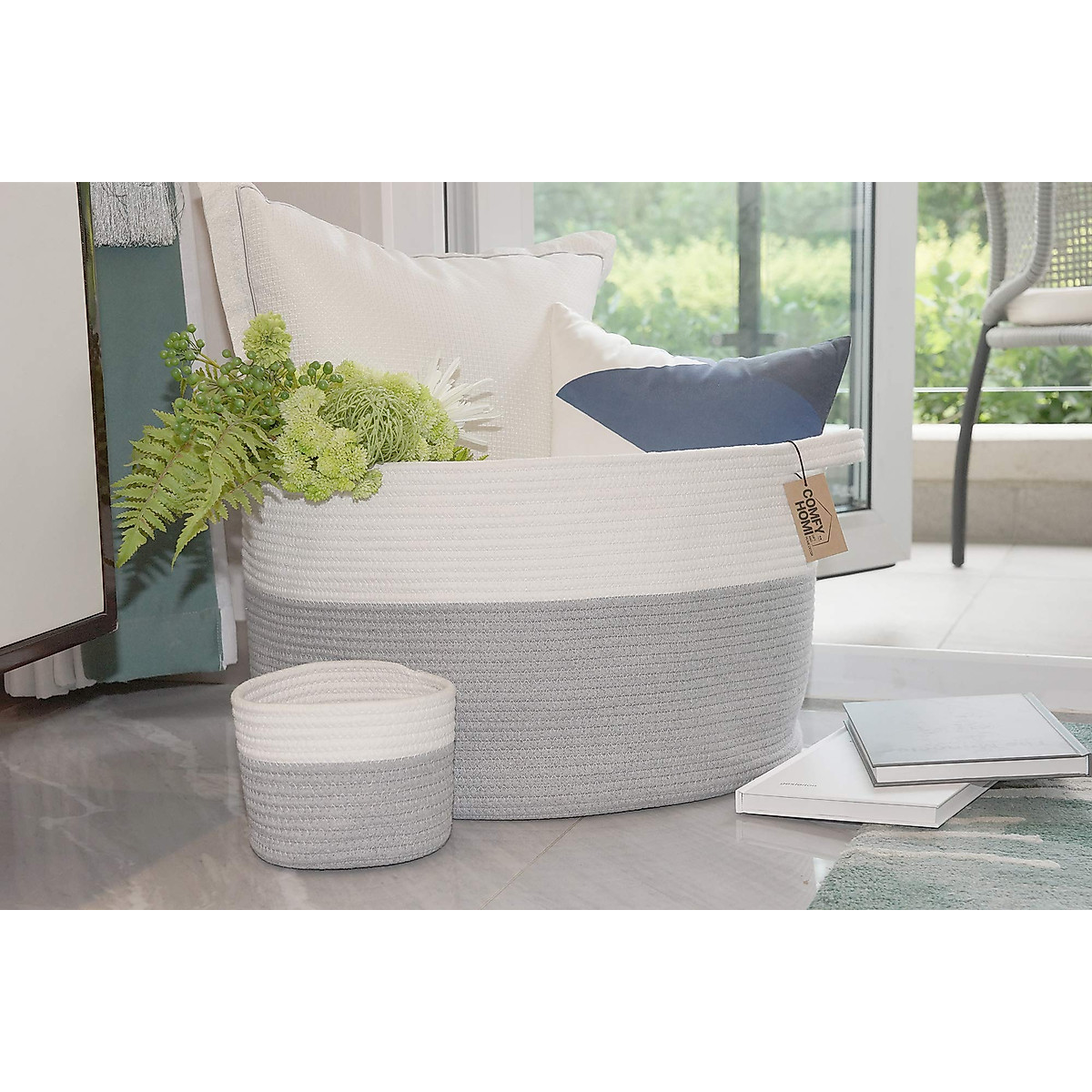 COMFY-HOMI 4pc Baskets = 1pc 21x21x13.6”Rope Laundry Basket + 1pc Tall Rope Baskets 18X16”with Handle Laundry Storage Bin + 2pc Small Gift Baskets - White and Grey