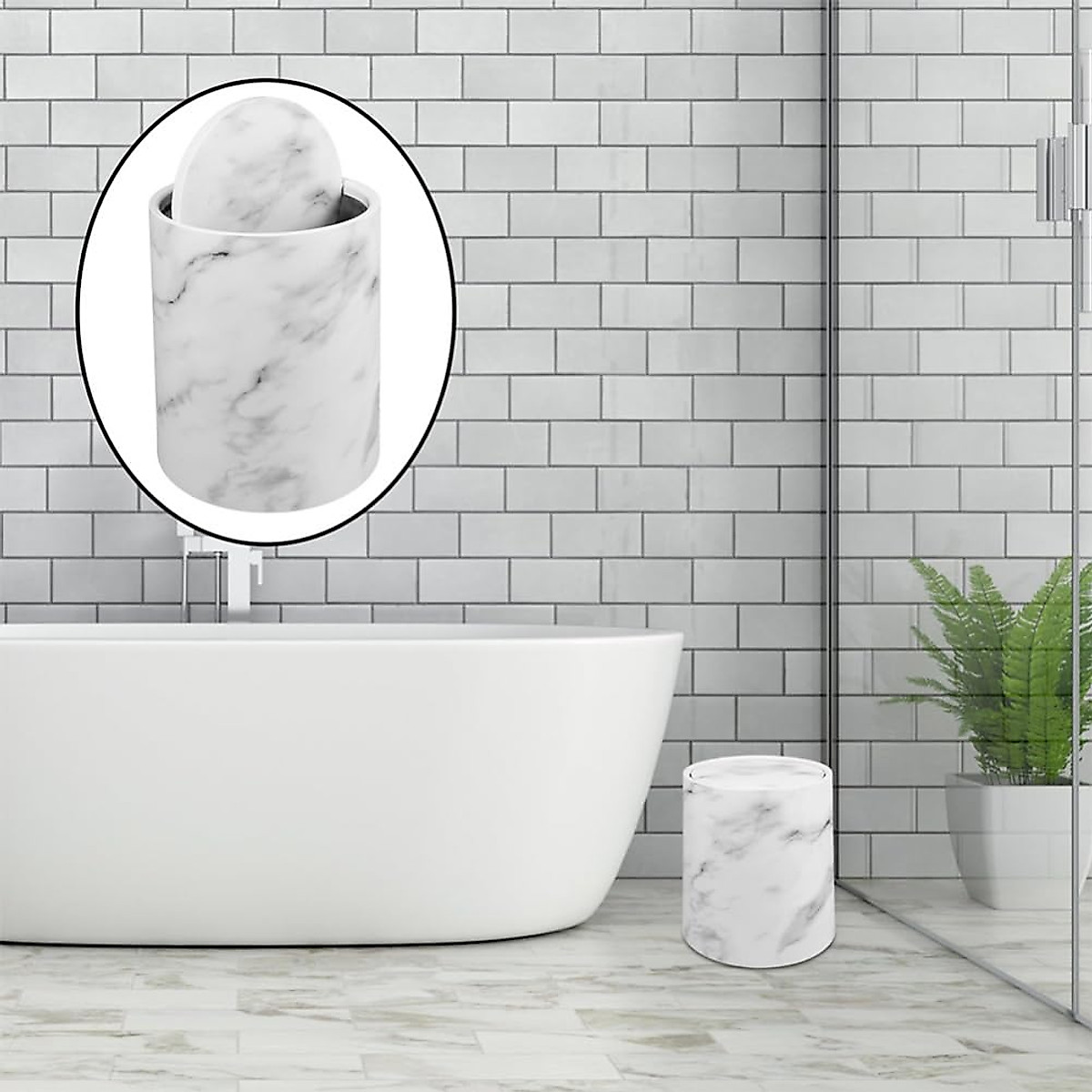 Kichvoe Round Swing Top Trash Can Bathroom Trash Can Decorative Bathroom Wastebasket Marble Modern Round Waste Basket for Bathroom, Powder Room Or Living Room White