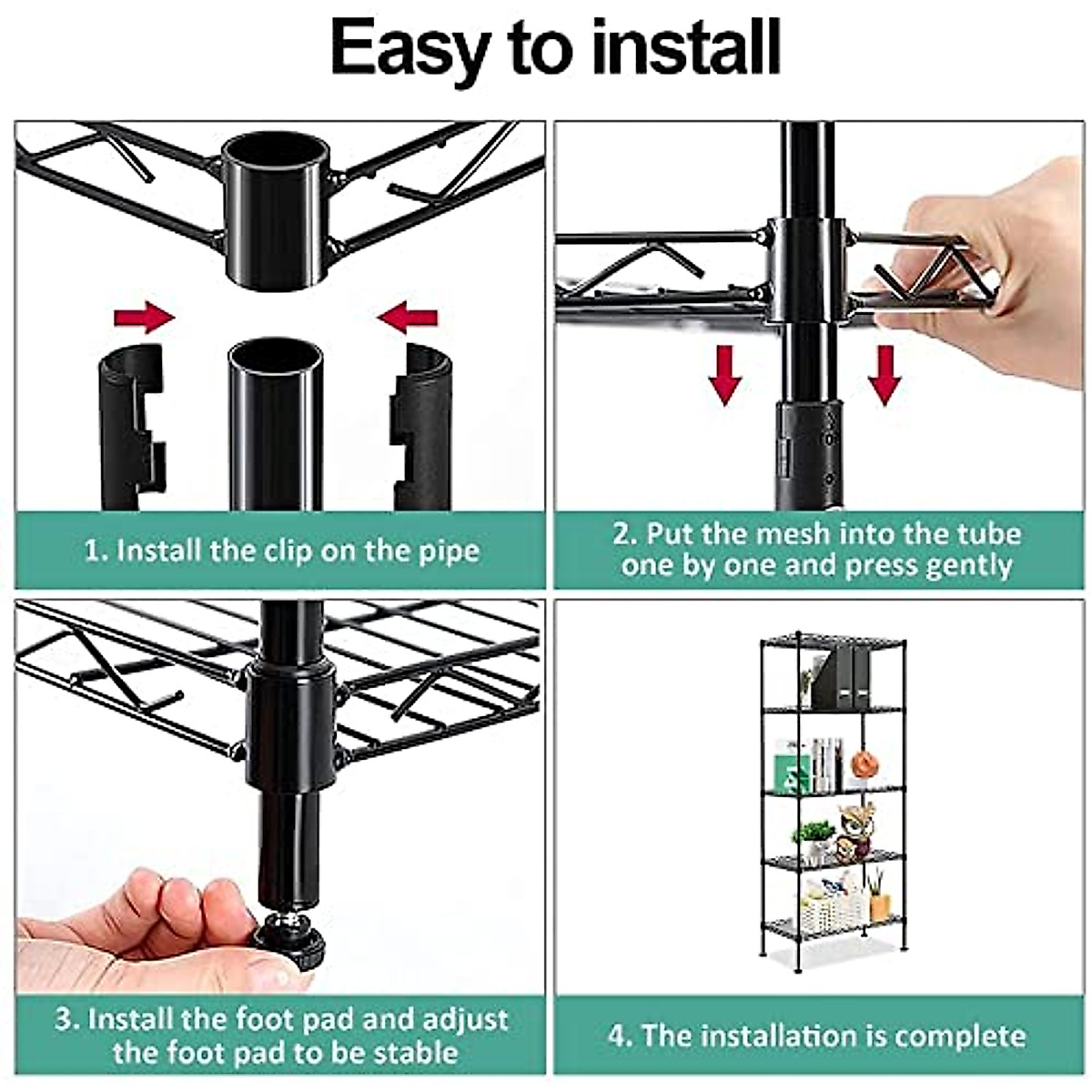 MACRO GLOBE 5-Tiers Carbon Steel Shelving Units, Kitchen Organizer with 6 Hooks, Classic Wire Shelving Units, Multi Use Storage Rack for Home Office, Size 59.10 “x 23.60” x 13.80”(Black)