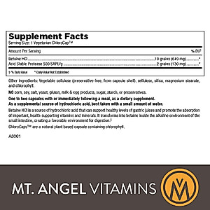 Mt. Angel Vitamins - Hydrochloric Acid Betaine, Supports Healthy Digestion & Gastric Juices (200 Vegetarian Chlorocaps)
